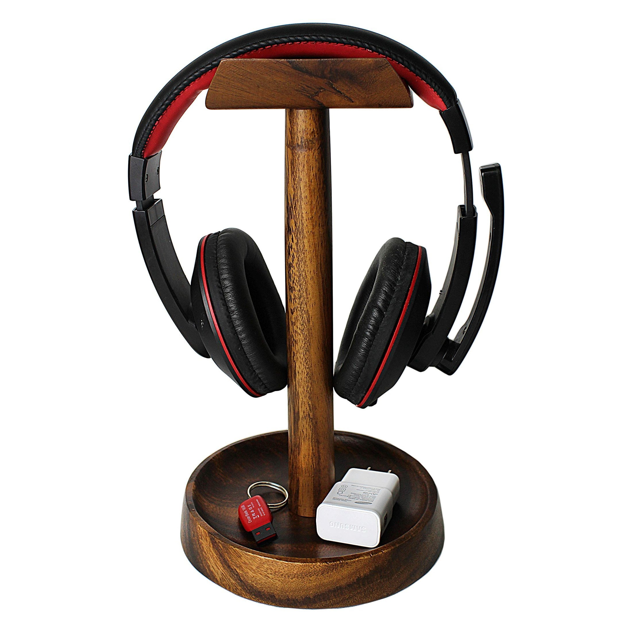 Acacia Wood Headphone Stand with Storage Tray for Over-Ear Headsets ...
