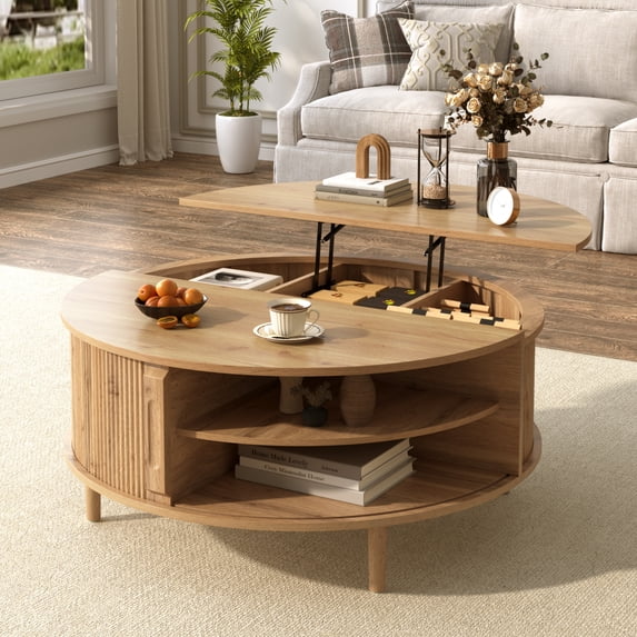 Acacia Wood Minimalist round lift-top coffee table with hidden storage ...