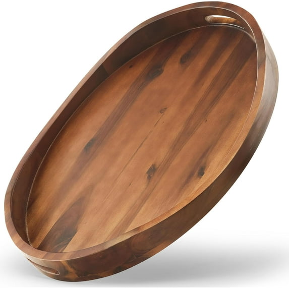 Acacia Wood Ottoman Tray with Handles - 20" x 15" Round - Large Oval ...