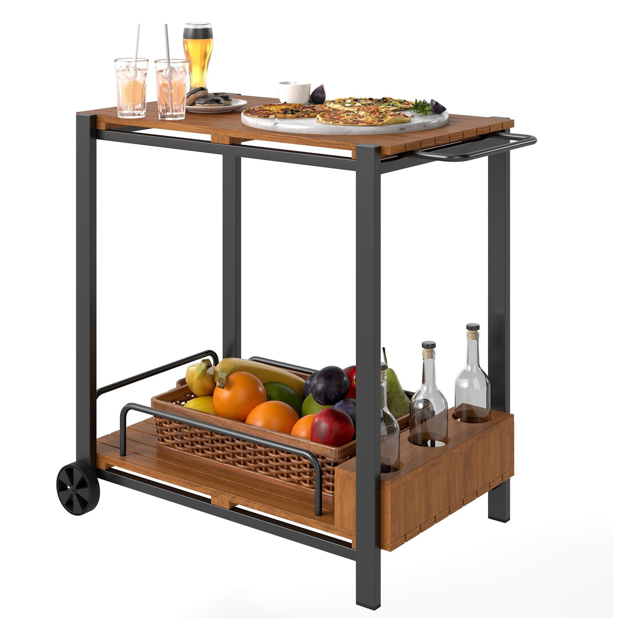 Acacia Wood Outdoor Bar Cart with Wheels - 2-Tier Rolling Coffee Cart ...