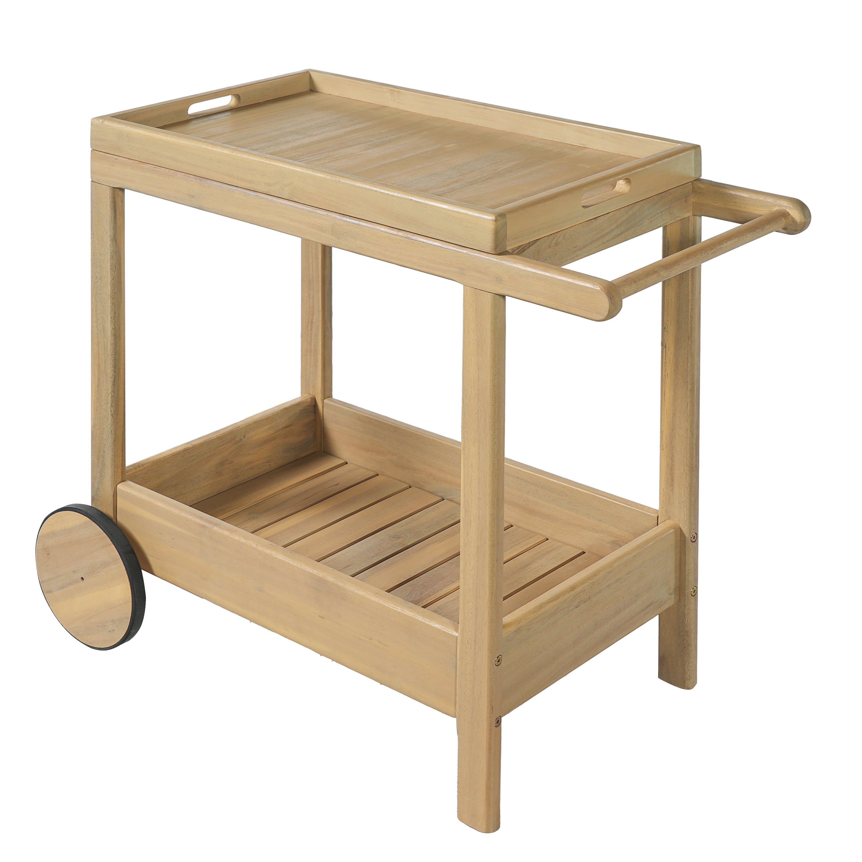 Acacia Wood Outdoor Bar Cart with Wheels, 2-Tier Rolling Serving Cart ...