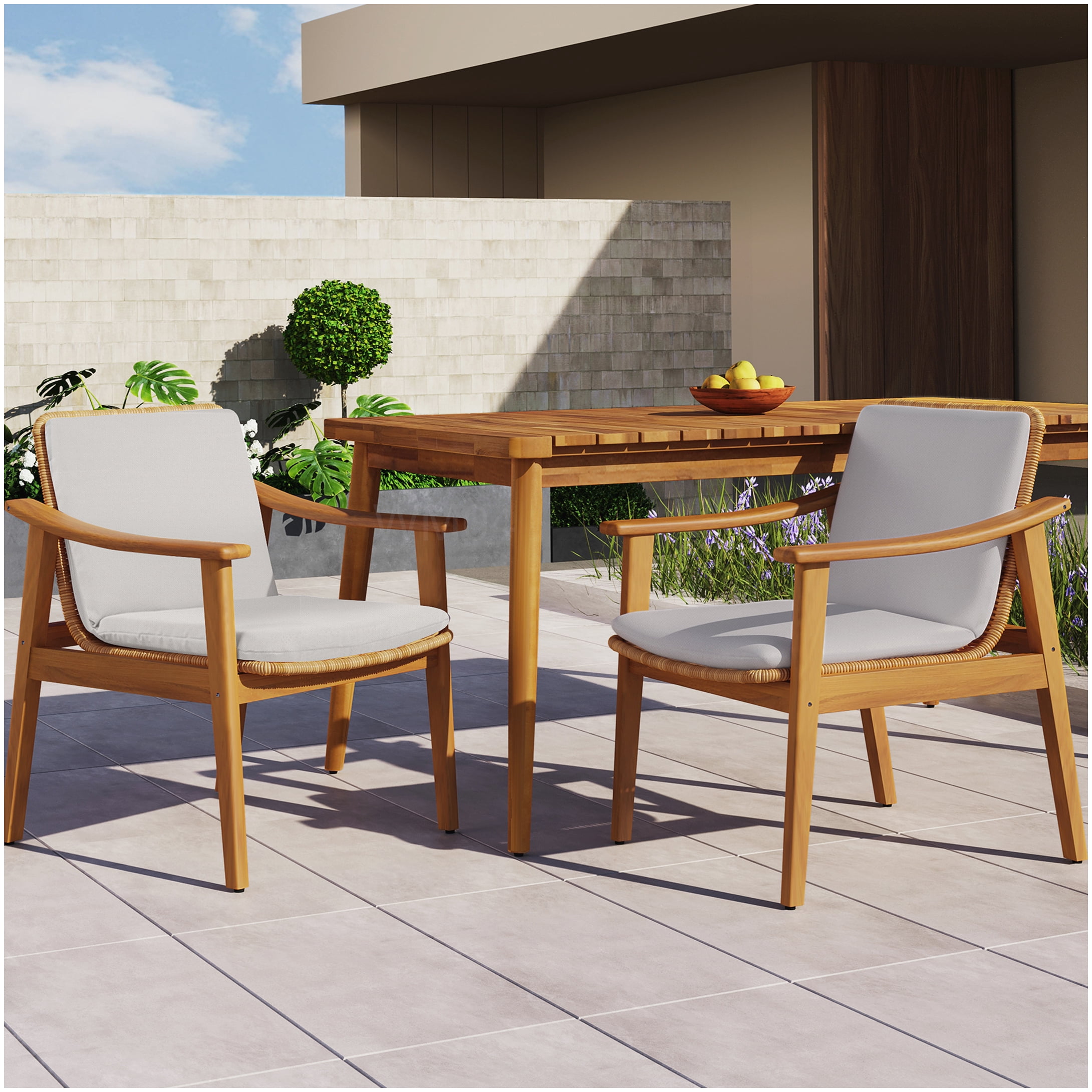 Acacia Wood Outdoor Chairs Set of 2, Grey Cushioned PE Wicker Seating ...