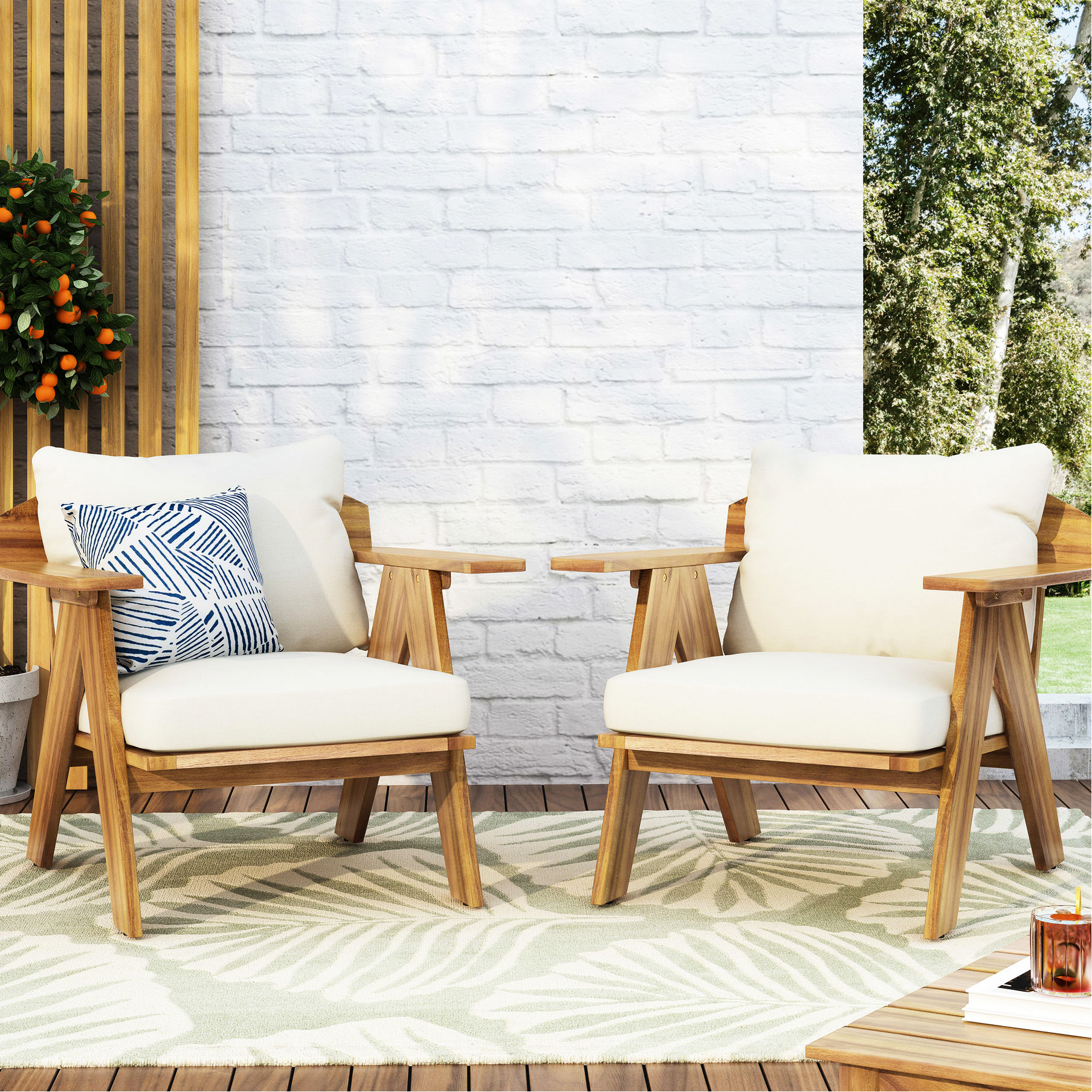 Acacia Wood Outdoor Chairs (Set of 2) with Beige Cushions, 30.75" W ...