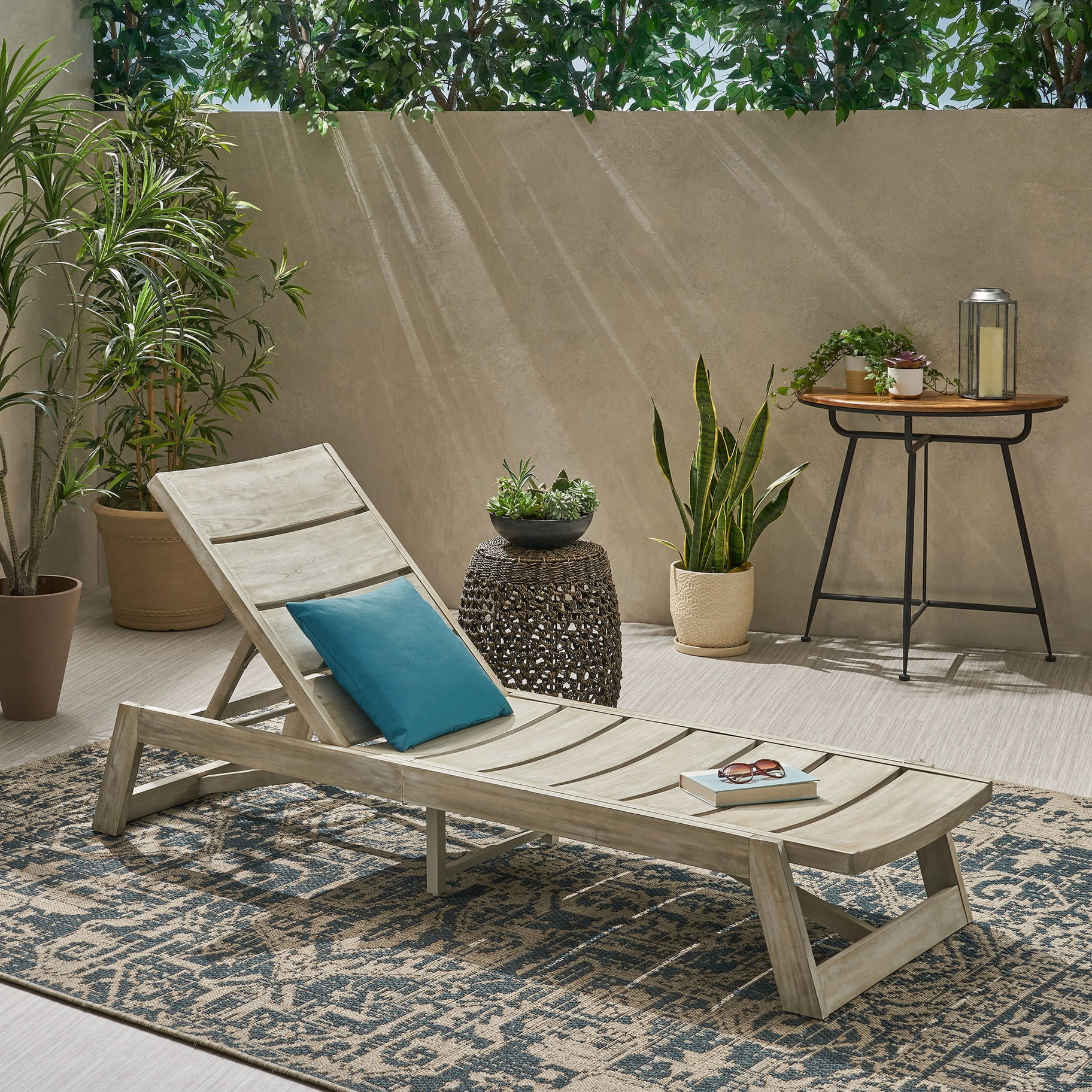 Acacia Wood Outdoor Chaise | Adjustable Seating & Curved Slats ...