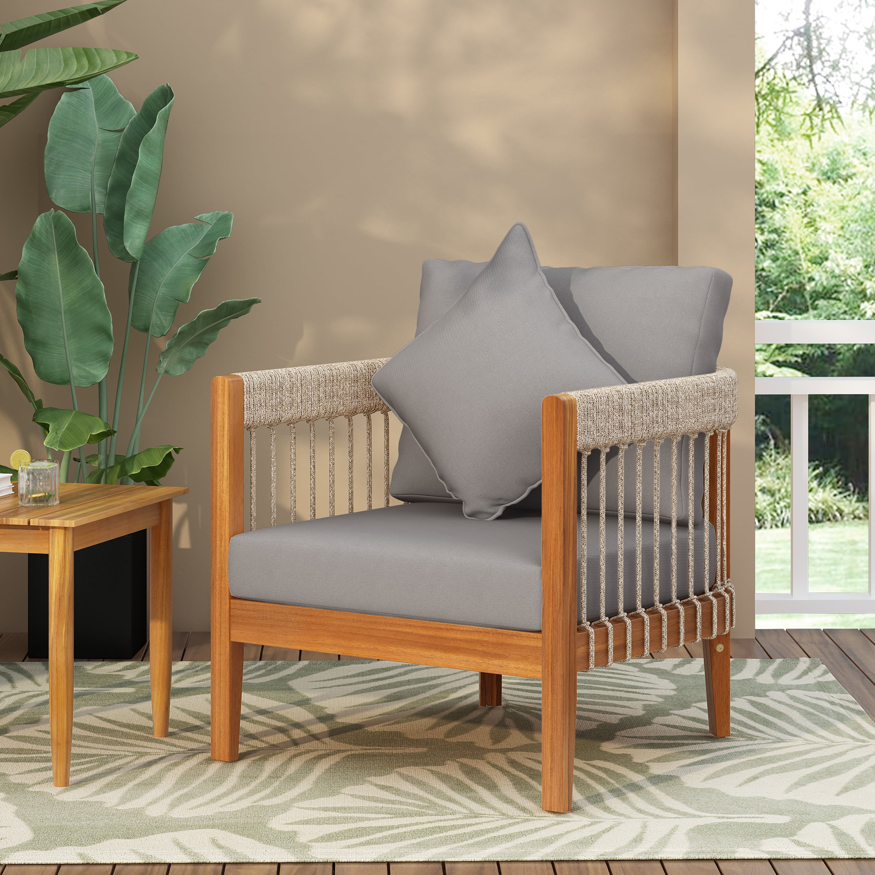 Acacia Wood Outdoor Club Chair with Handwoven Rope Accents & Curved ...