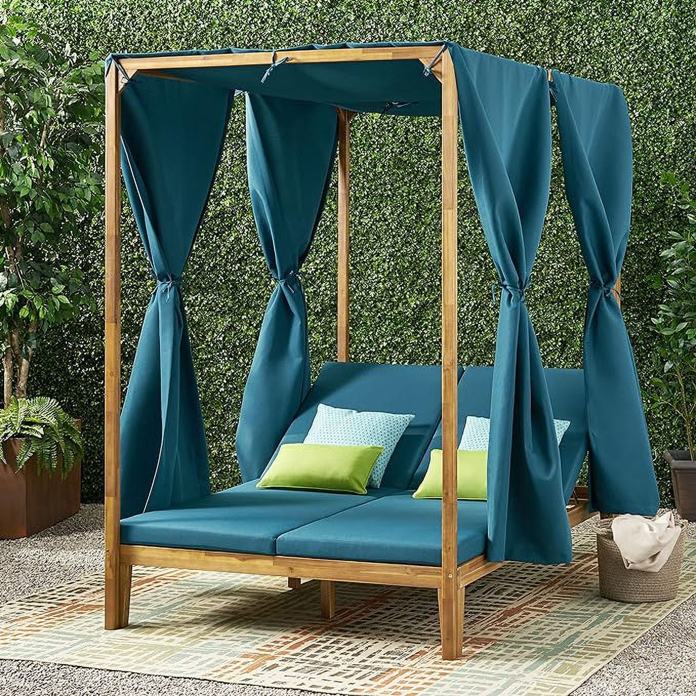 Acacia Wood Outdoor Daybed with Adjustable Chaise Lounges and Water ...
