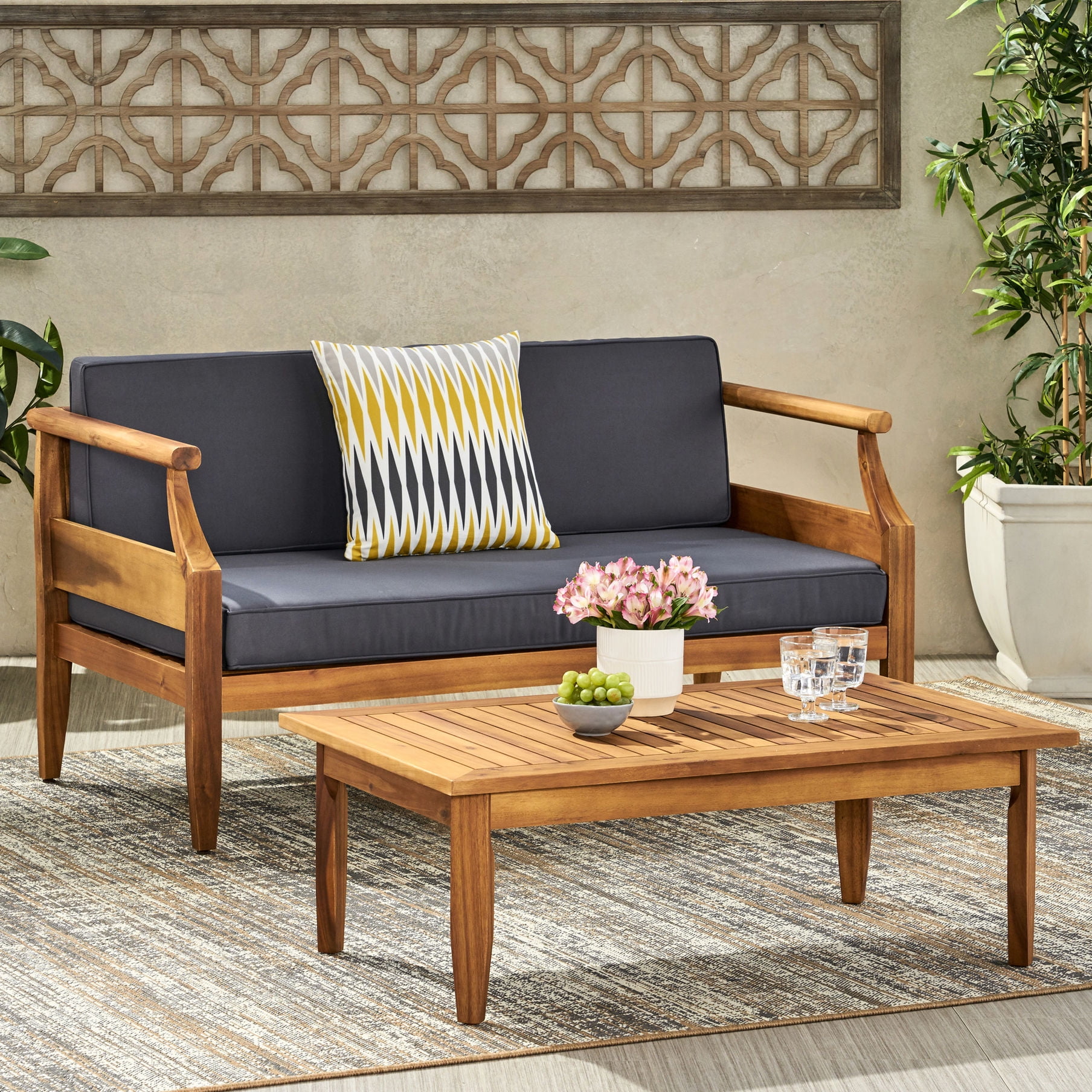 Acacia Wood Outdoor Loveseat / Balcony Leisure / Recessed Arm Design ...