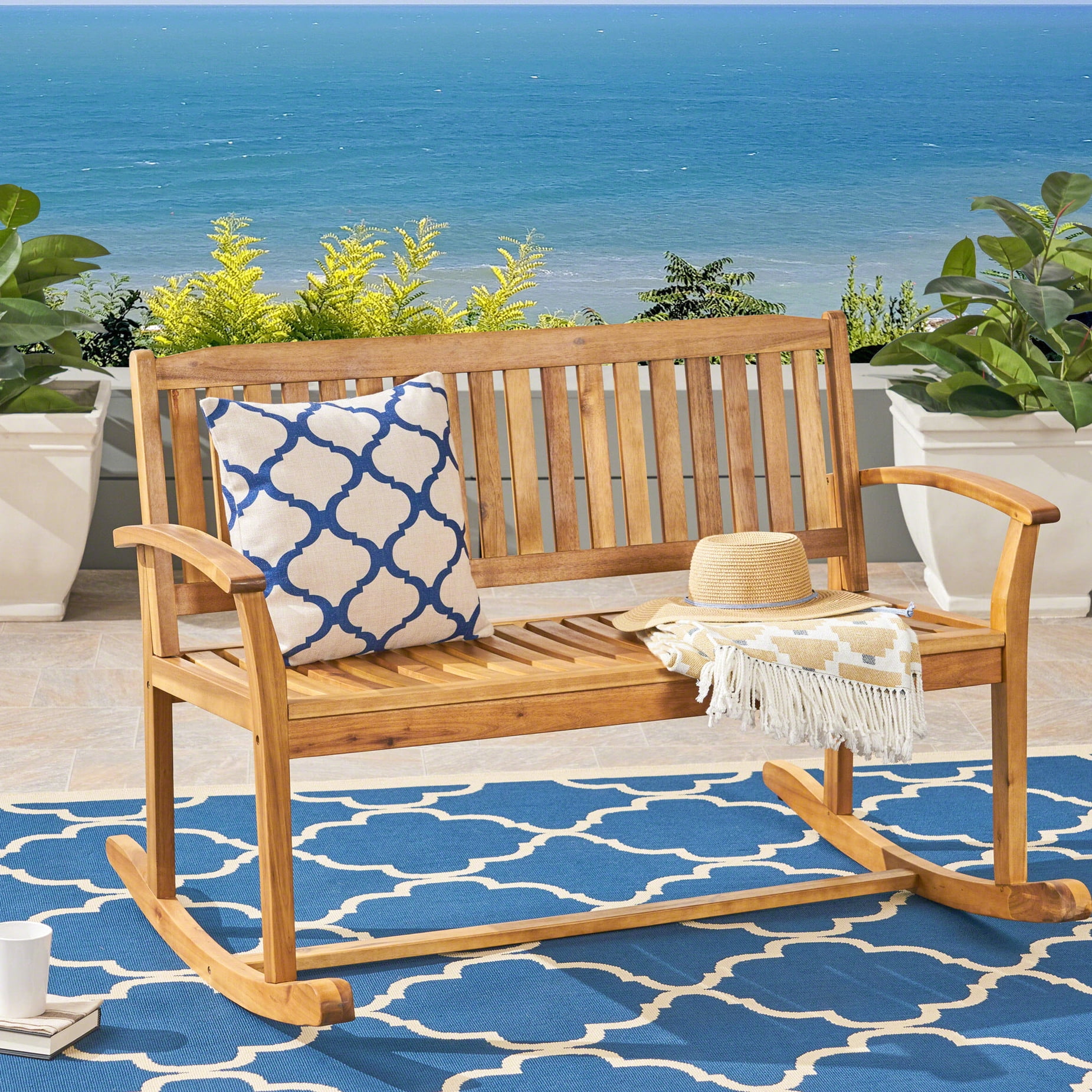 Acacia Wood Outdoor Rocking Bench / 37 - inch Wide, Hand - Made ...