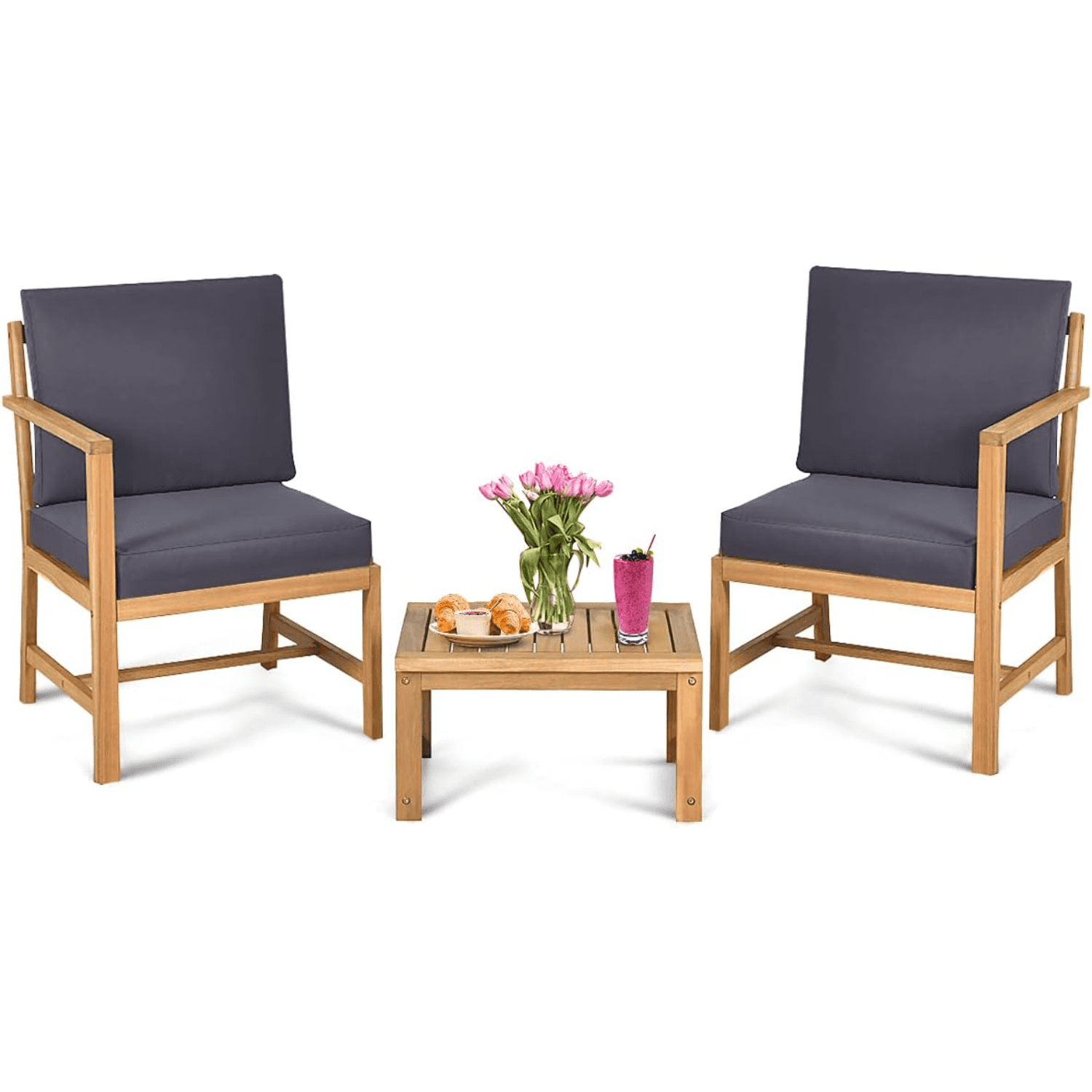 Acacia Wood Patio Set 3-Piece Wooden Love Seat with Cushions &Table 2 ...