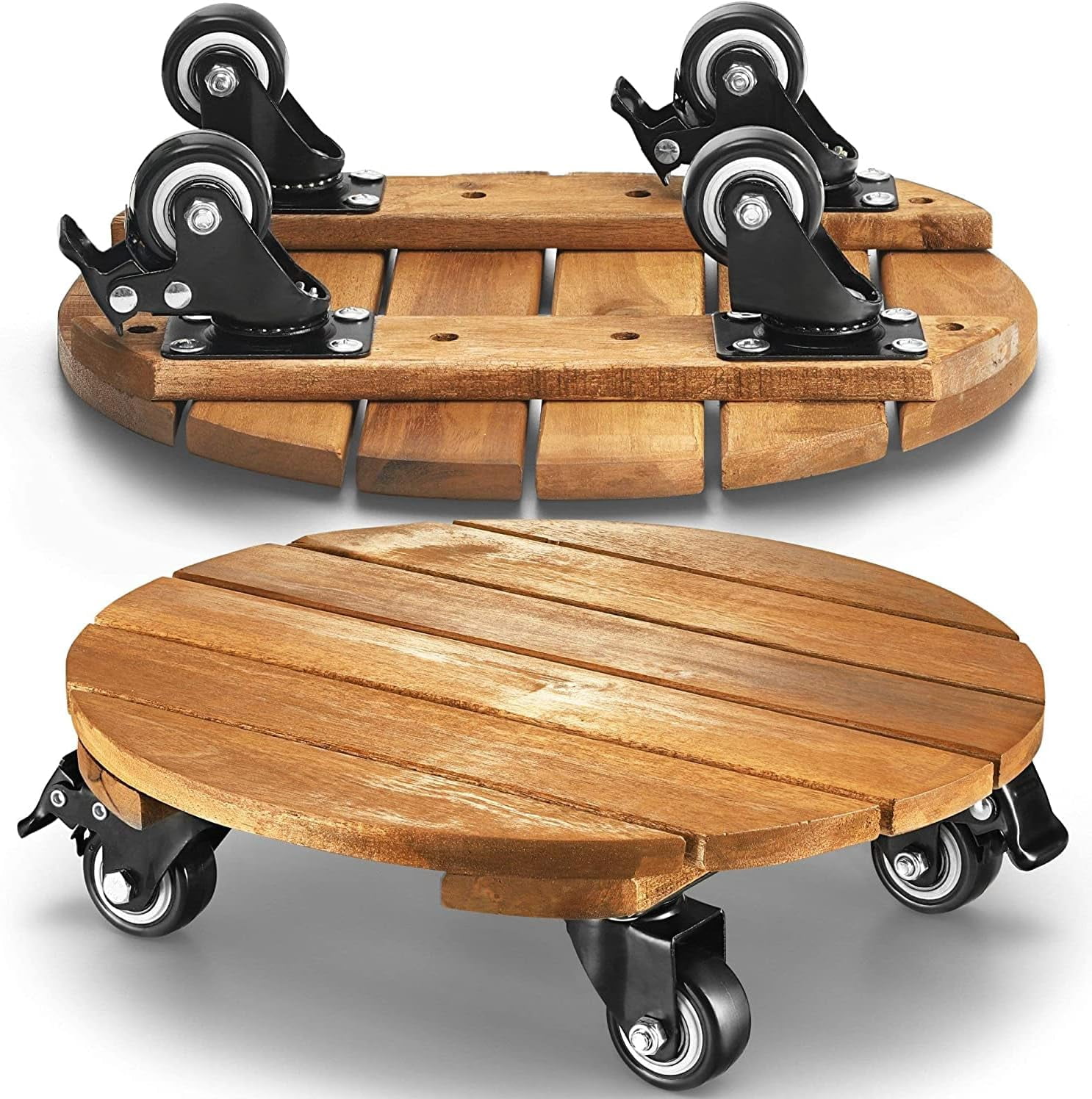 Acacia Wood Plant Caddy (Set of 2) Heavy Duty Plant Dolly, 12 Inches ...