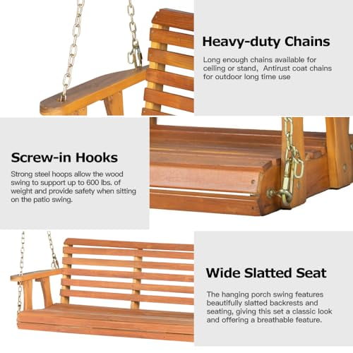 Acacia Wood Porch Swing 2-Seater Wooden Swing Bench With Hanging Chains ...