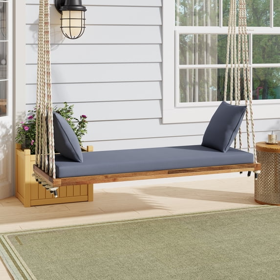 Acacia Wood Porch Swing Bench Outdoor Hanging Swing Chair with Cushion ...