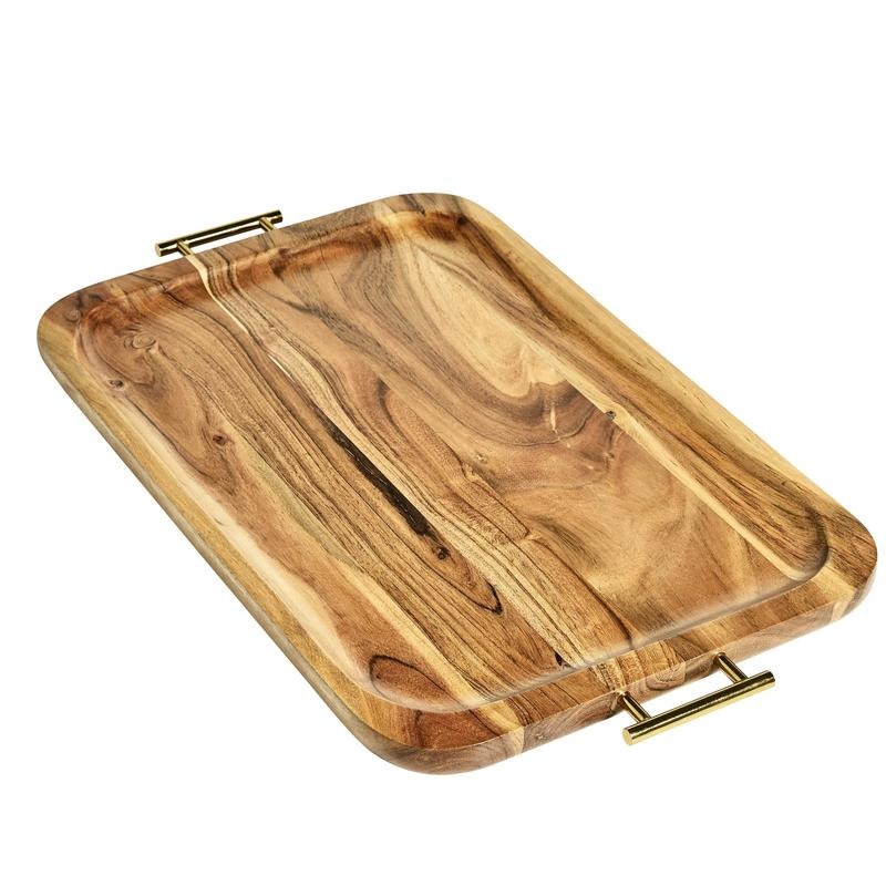 Acacia Wood Rectangle Tray with Gold Color Handles - One Size Plates ...