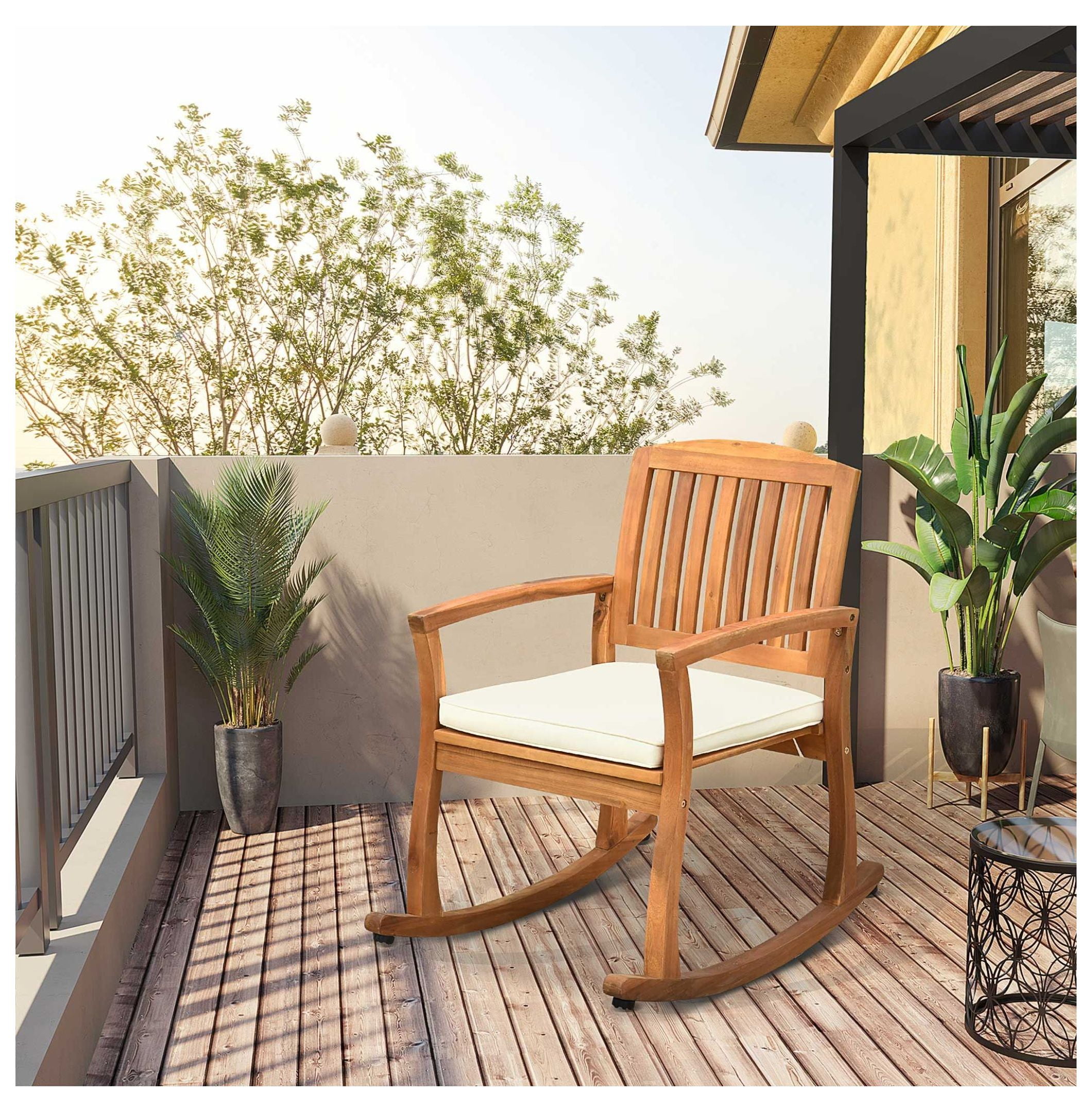 Acacia Wood Rocking Chair Outdoor, LouZub Teak Rocker with Cushion ...