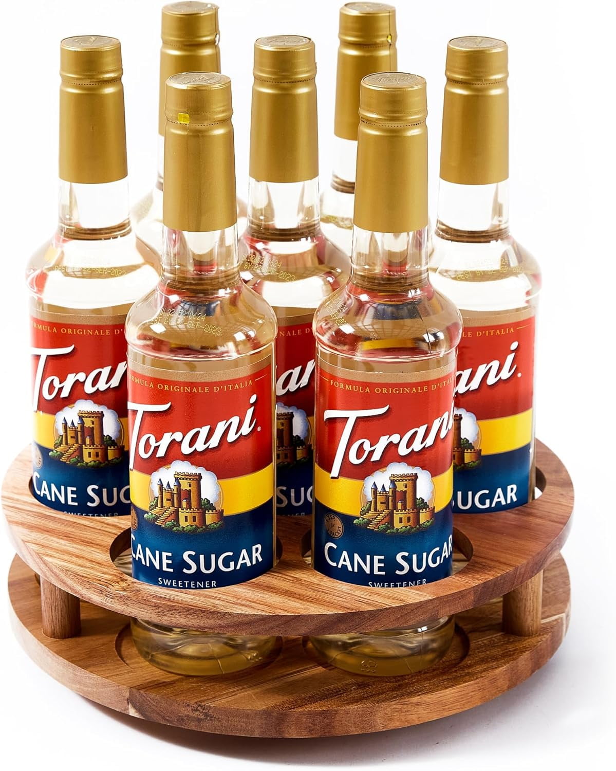 Acacia Wood Rotating Syrup Organizer, 7 Bottle Syrup Rack, Coffee ...
