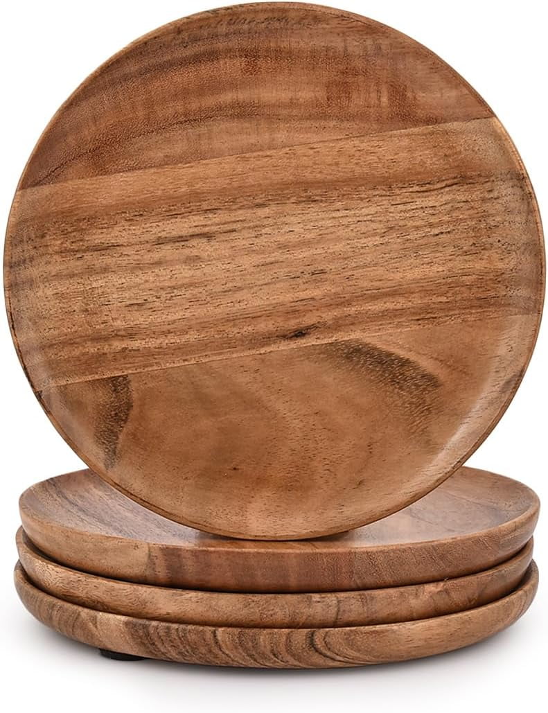 Acacia Wood Round Wood Plates Set of 4, Easy Cleaning & Lightweight for ...