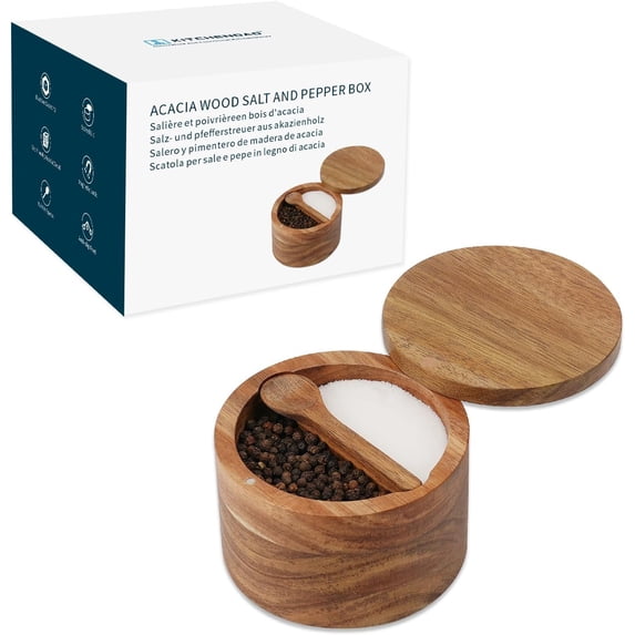 Acacia Wood Salt and Pepper Bowl Box, Built-in Spoon, Two Compartments ...