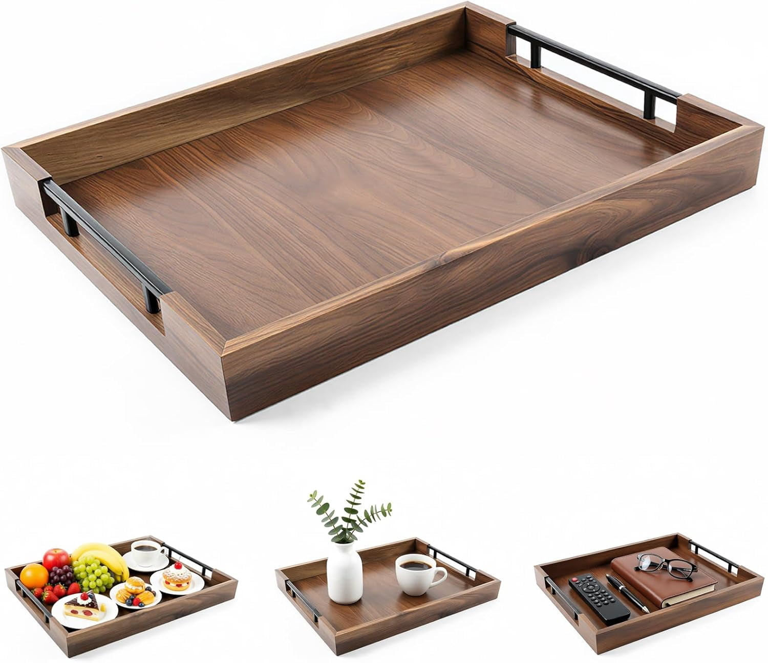 Sasovevga 32"x12" Acacia Wood Serving Tray w/ Metal Handle, Long ...