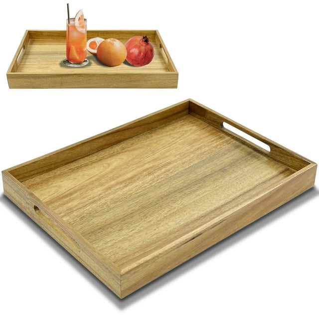 Acacia Wood Serving Tray with Handles (17 Inches) – Decorative Serving ...