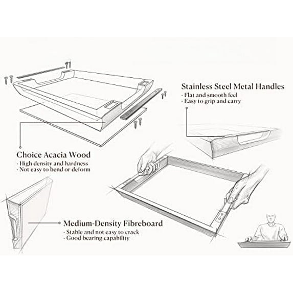Acacia Wood Serving Tray with Metal Handles, 17x13in Food Drinks Tray ...