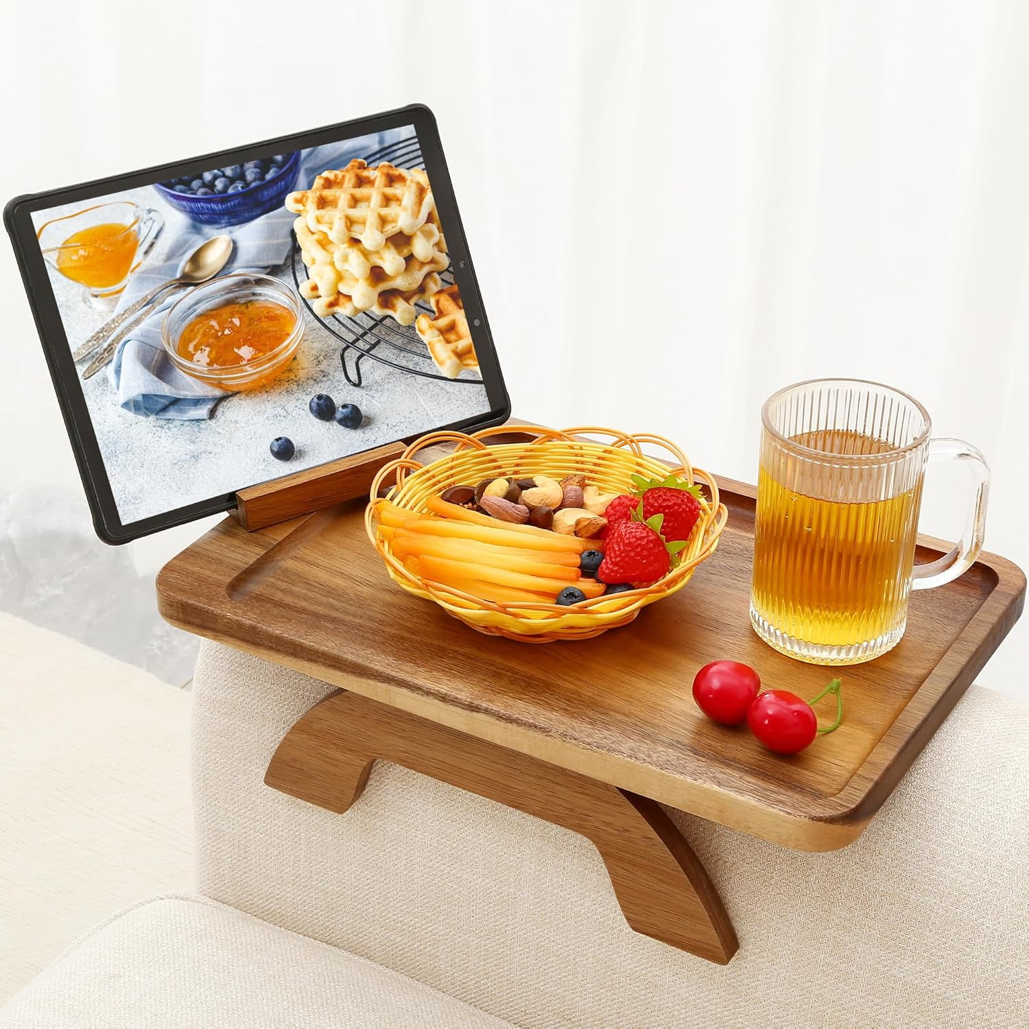 Acacia Wood Sofa Tray - 360° Swivel Device Holder for Drinks & Snacks ...