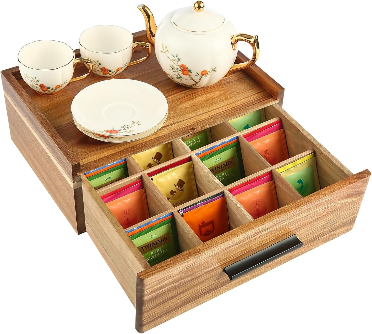Acacia Wood Tea Bag Organizer - 12-Compartment Capacity Tea Box ...