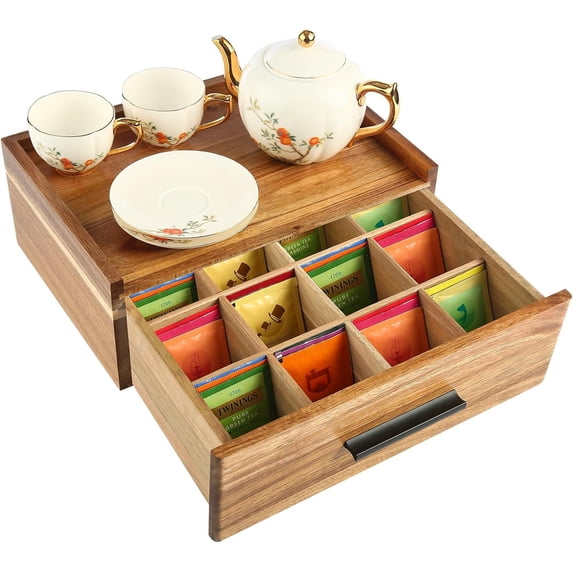 Acacia Wood Tea Bag Organizer - 12-Compartment Capacity Tea Box ...