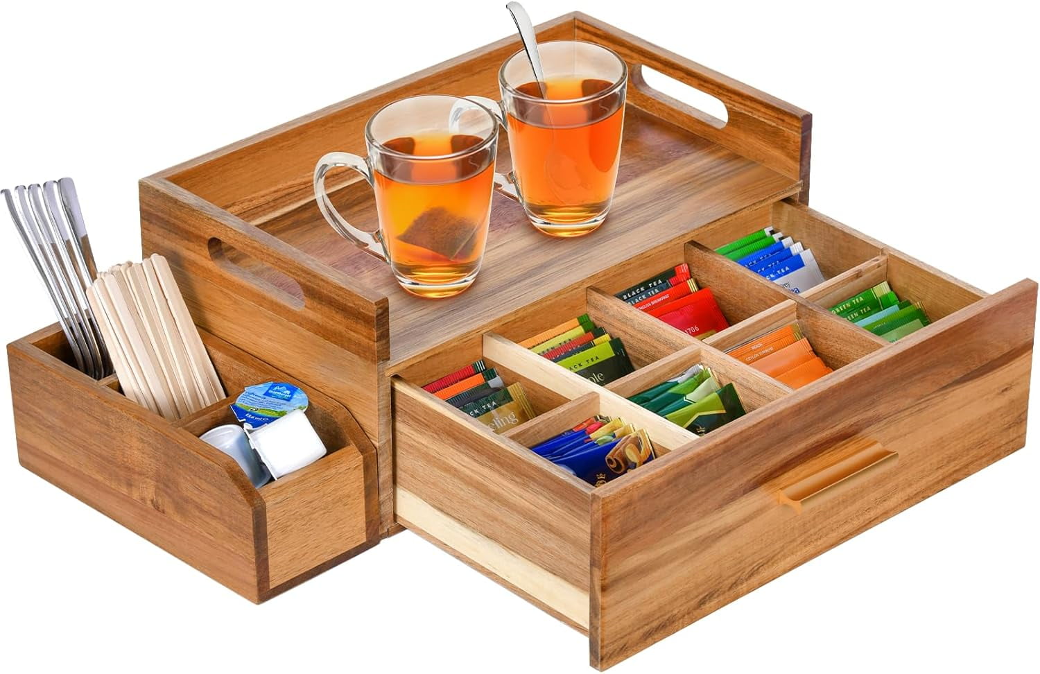 Acacia Wood Tea Bag Organizer, Wooden Tea Bag Storage Box Holder with ...