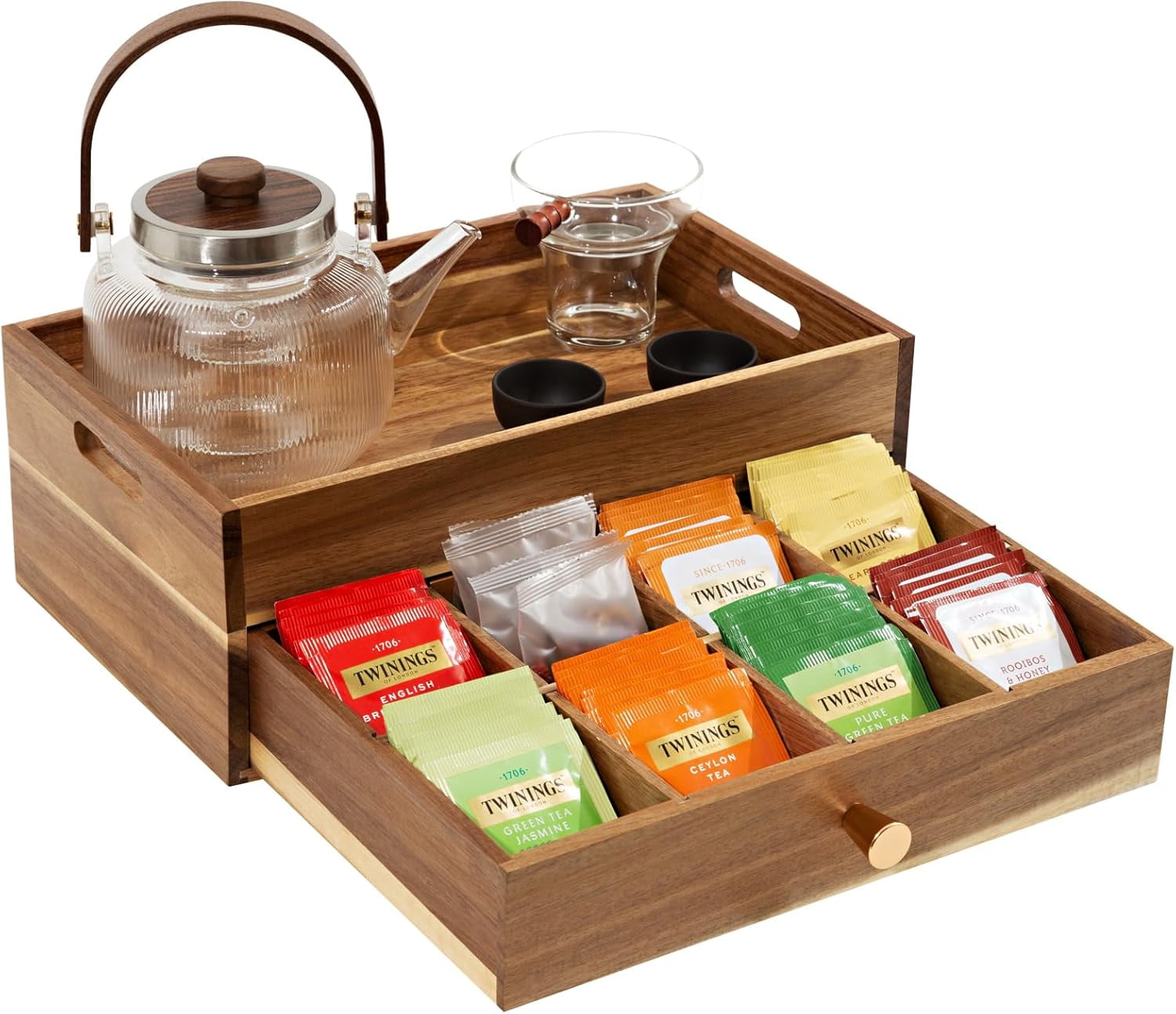 Acacia Wood Tea Bag Storage Organizer with Drawer & Tray - 8 ...