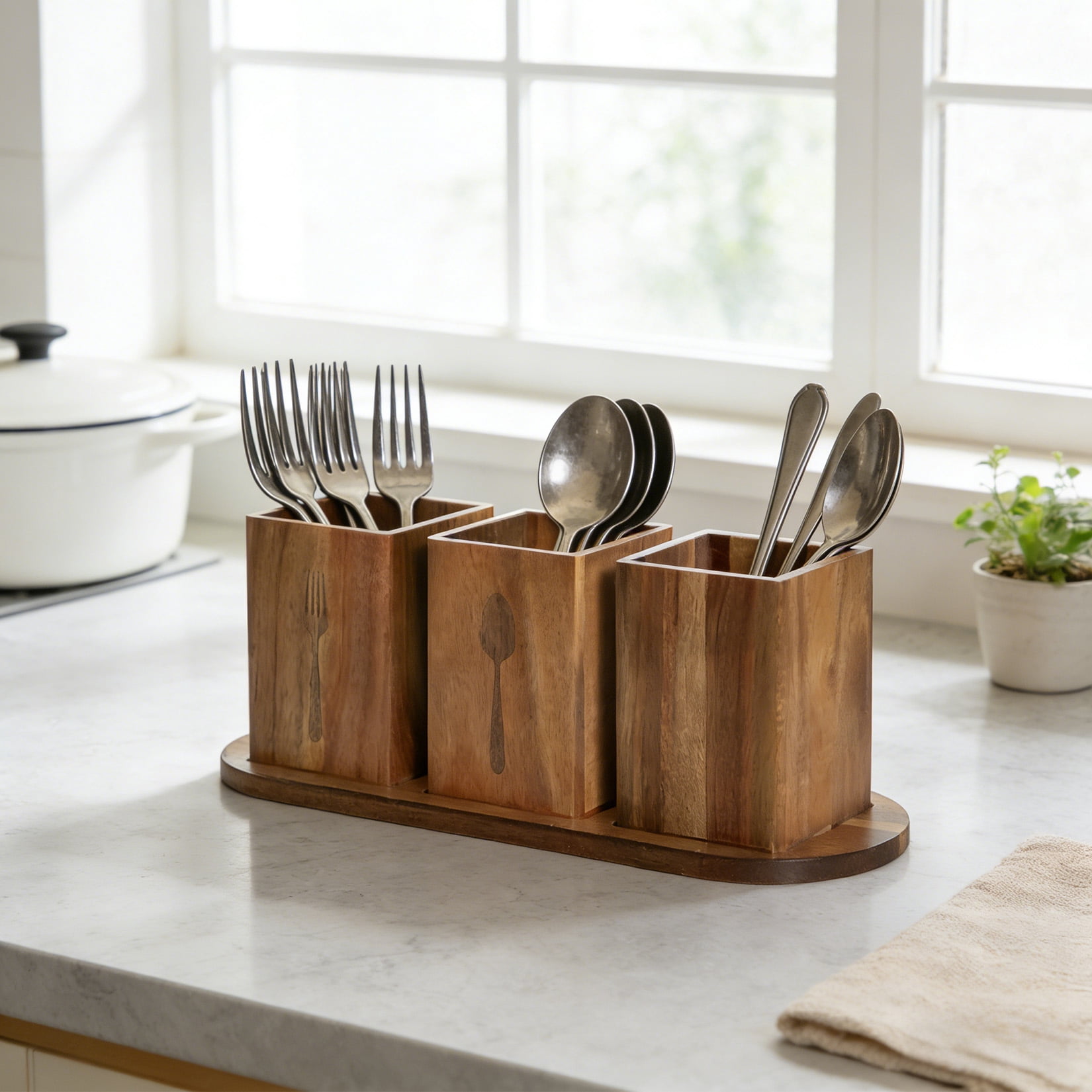 Acacia Wood Utensil Holder 13 x 4.5 x 4.7 in 3-Section Countertop Caddy ...