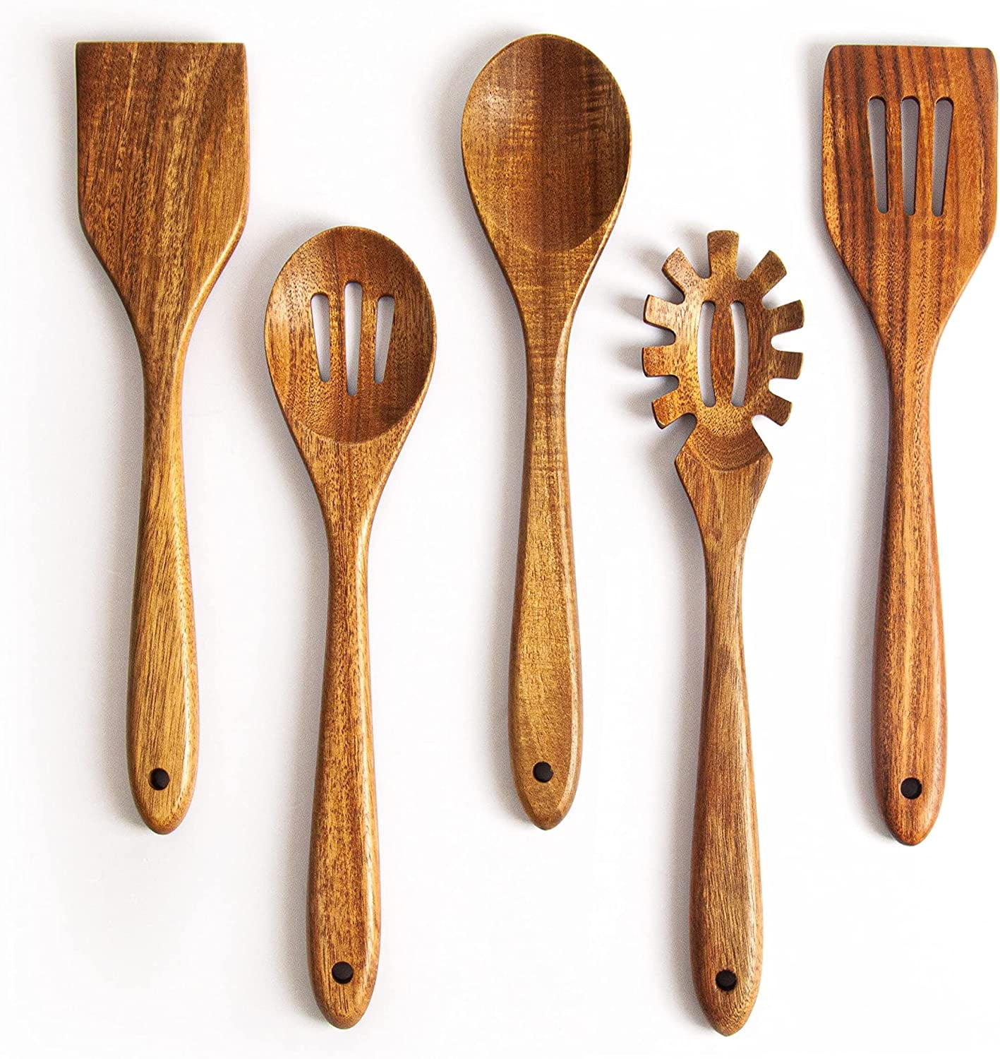 Acacia Wooden Spoons for Cooking: 5-Piece Kitchen & Cooking Utensils ...
