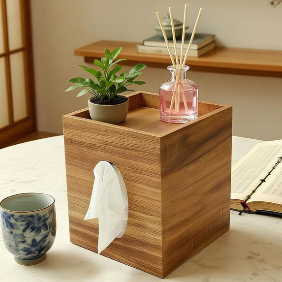 Acacia Wooden Tissue Box Cover, Square Tissue Box Cover with Storage ...