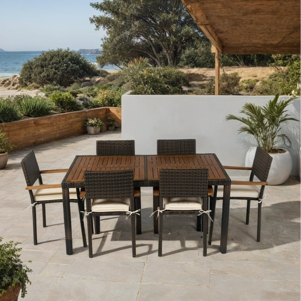 Acacia and rattan dining table and chair set - rust-resistant steel ...
