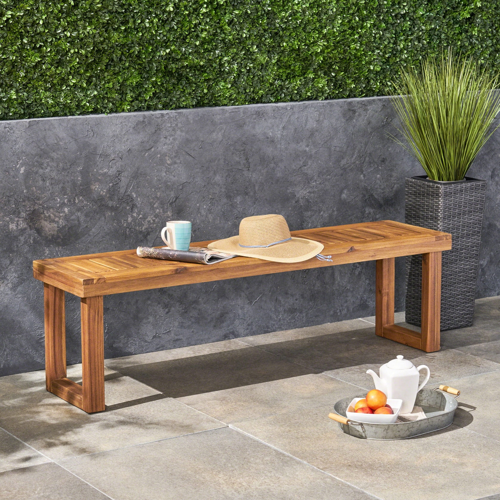 Acacia bench with beautiful slat paneling / Functional in outdoor ...