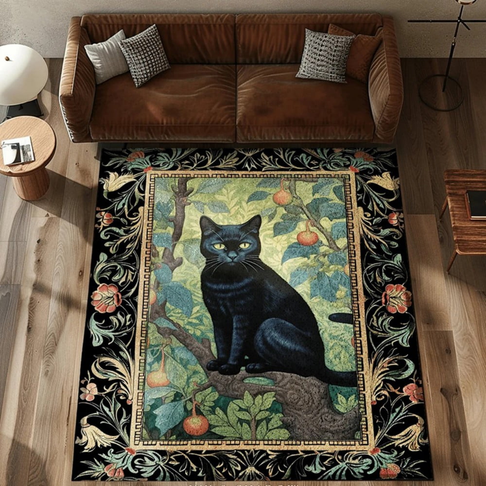 Academia Black Cat Rug Aniaml Floral Bedroom Carpet Anti-slip Washable ...