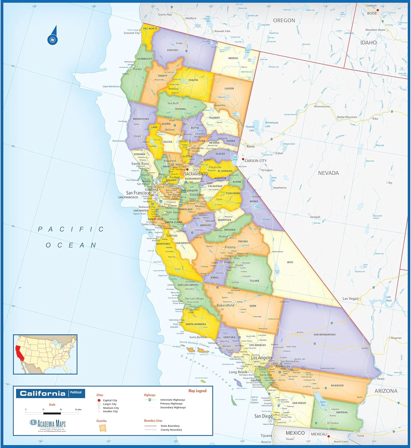 Academia Maps California State Wall Map Poster with Counties - 40 x 44 ...