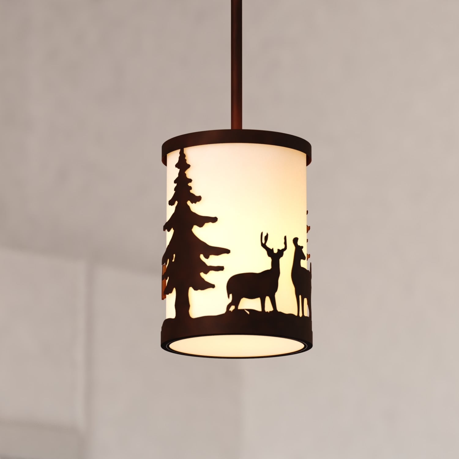 Acadia Bronze Rustic Mini Pendant Ceiling Light White Linen Shade Deer ...