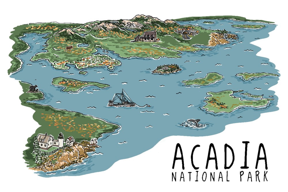 Acadia National Park, Maine, Line Drawing (12x18 Wall Art Poster, Room ...