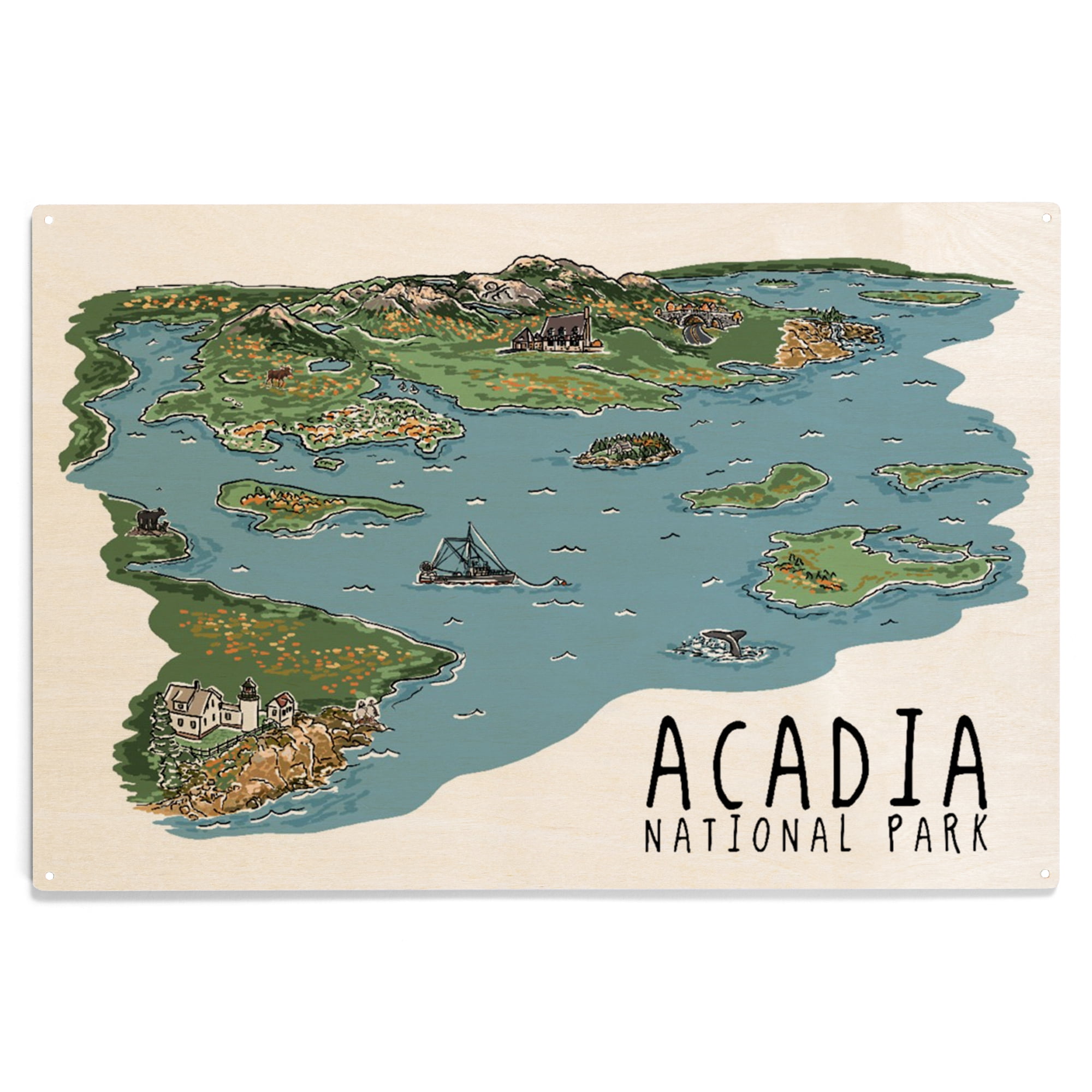 Acadia National Park, Maine, Line Drawing Birch Wood Wall Sign (10x15 ...