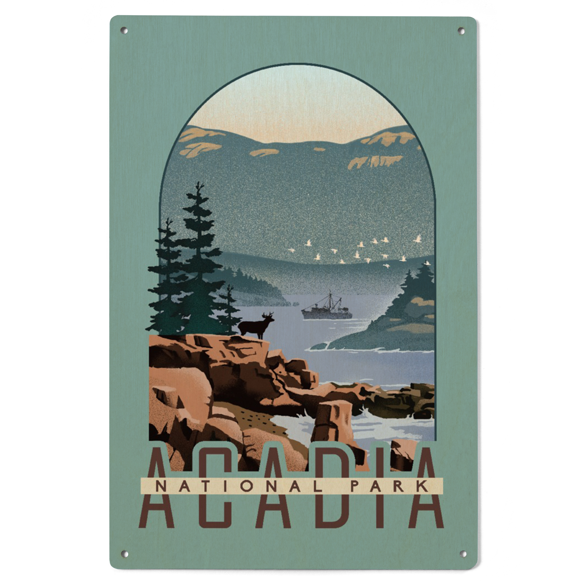 Acadia National Park, Maine, Lithograph, Contour Birch Wood Wall Sign ...