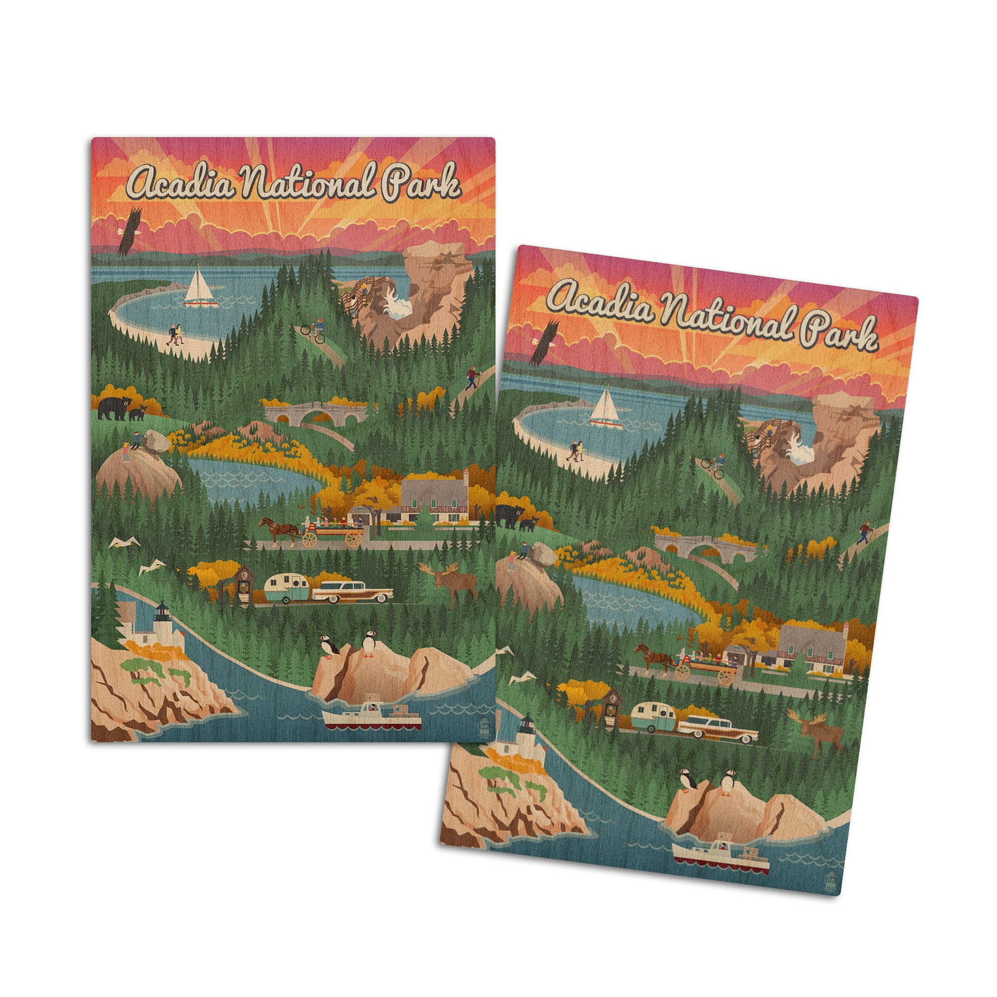 Acadia National Park, Maine, Retro View (4x6 Birch Wood Postcards, 2-Pack Stationary, Rustic ...