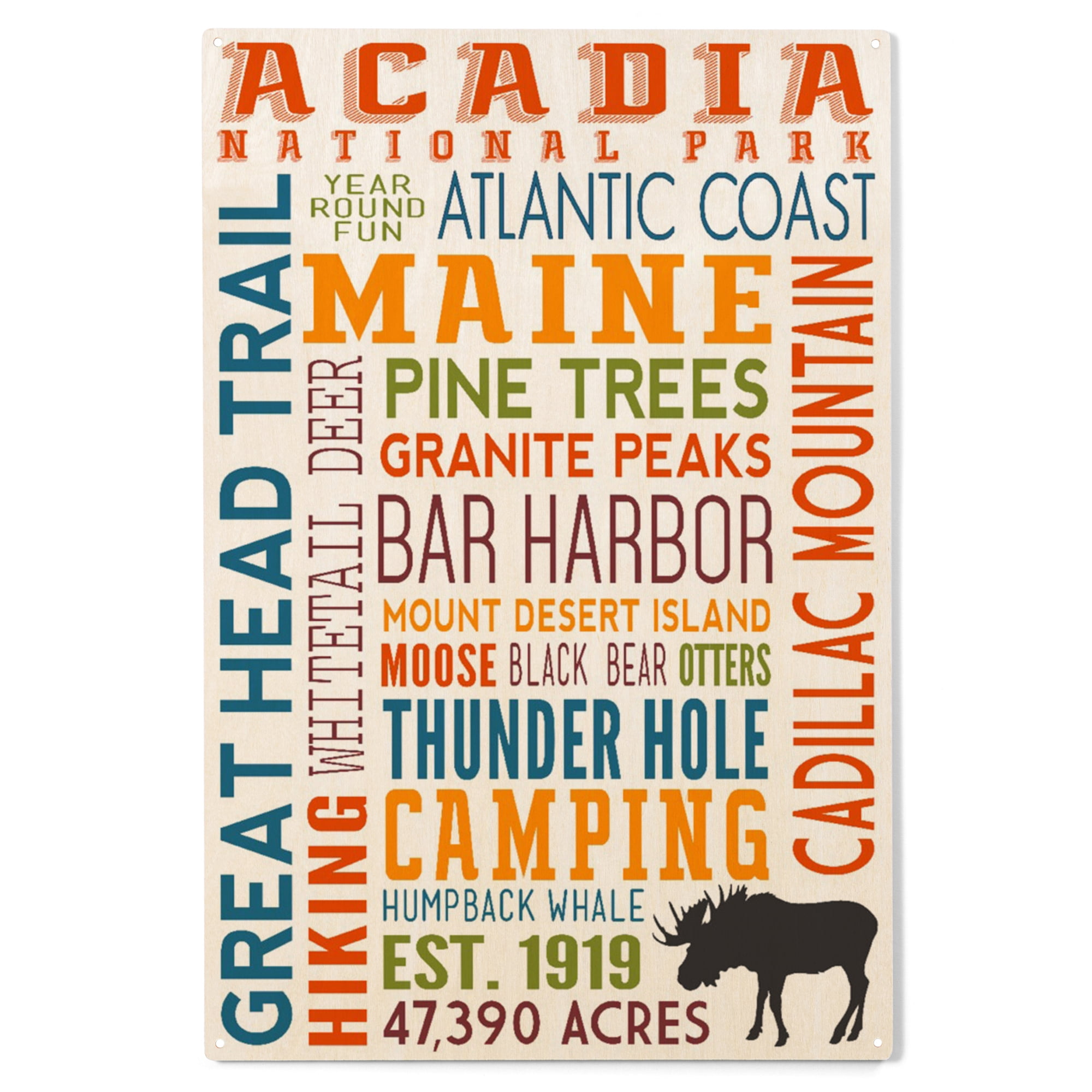 Acadia National Park, Maine, Typography Birch Wood Wall Sign (10x15 ...