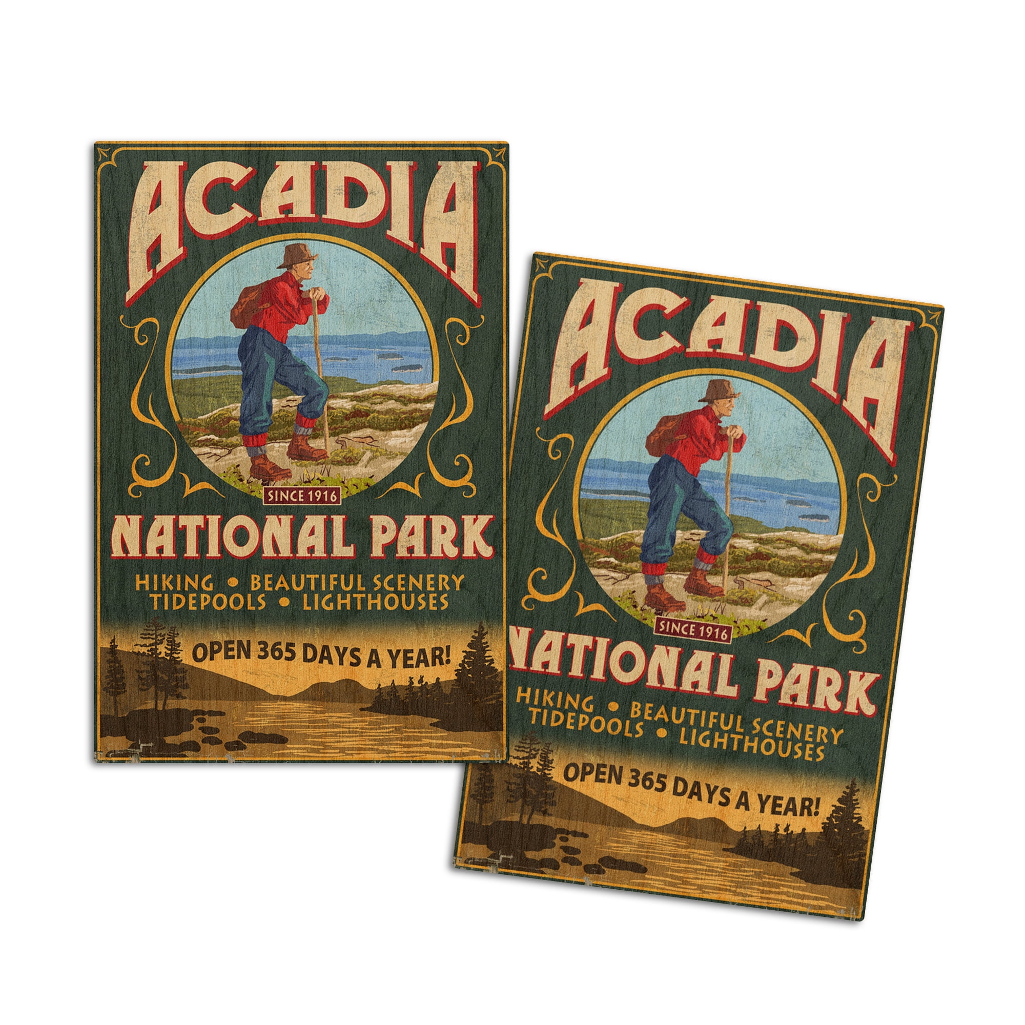 Acadia National Park, Maine, Vintage Hiker Sign (4x6 Birch Wood ...