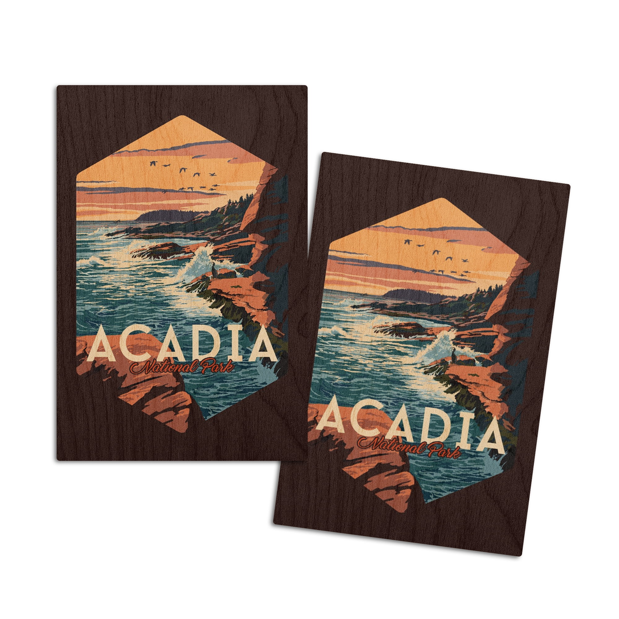 Acadia National Park, Mount Desert Island Illustration, Contour (4x6 Birch Wood Postcards, 2 ...