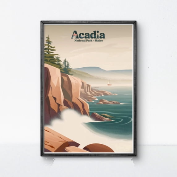 Acadia National Park Poster Maine Travel Art Coastal Cliff Print ...