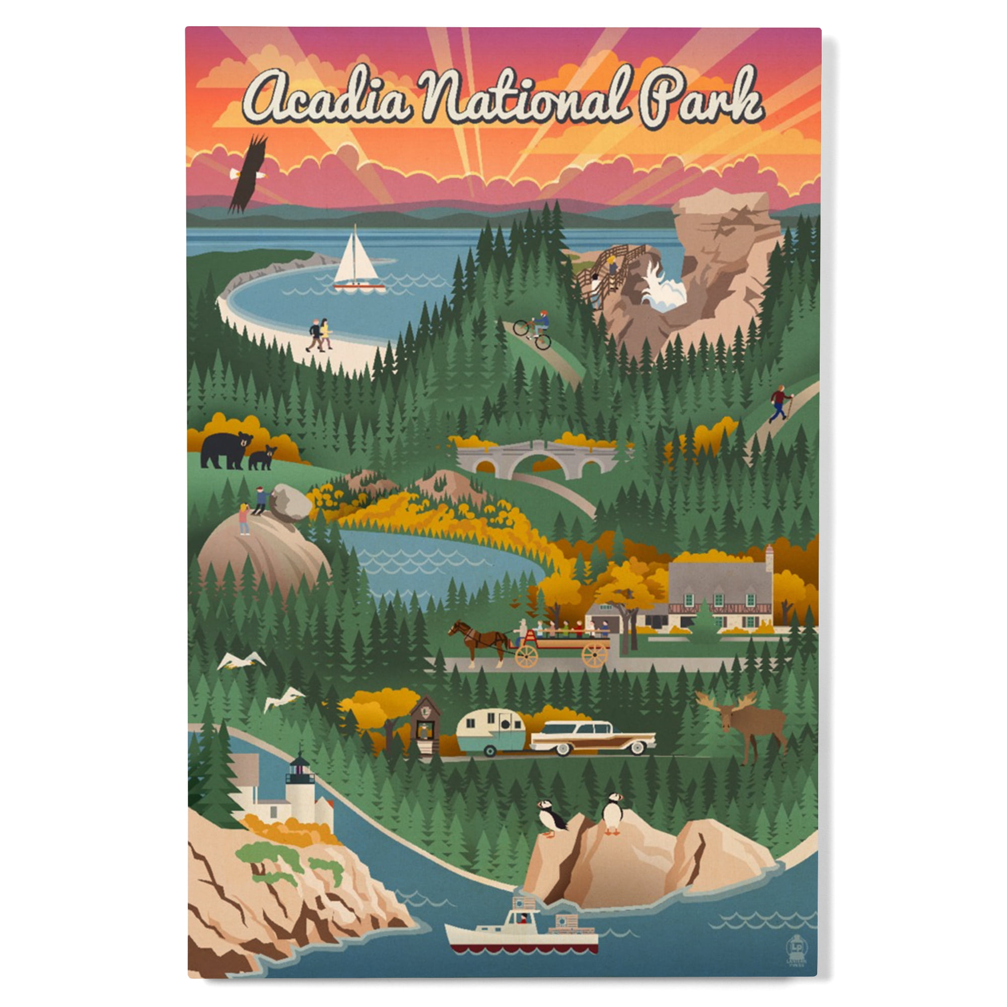 Acadia National Park, Retro View Birch Wood Wall Sign (12x18 Rustic ...