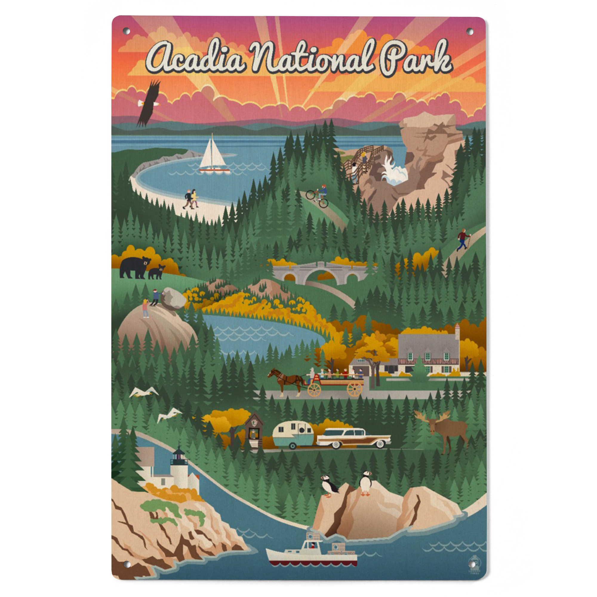 Acadia National Park, Retro View Birch Wood Wall Sign (6x9 Rustic Home ...