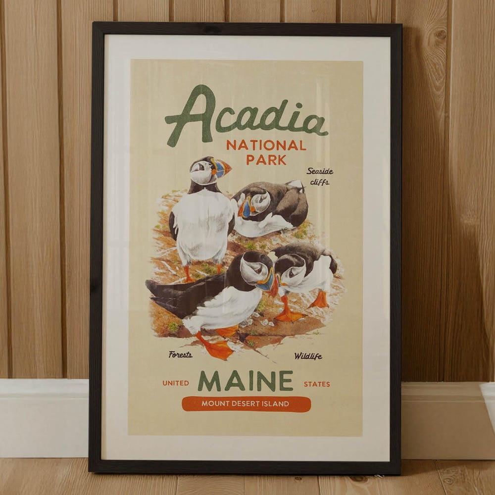 Acadia Park Print: Retro Puffin Poster Outdoors Wall Art Home Decor ...