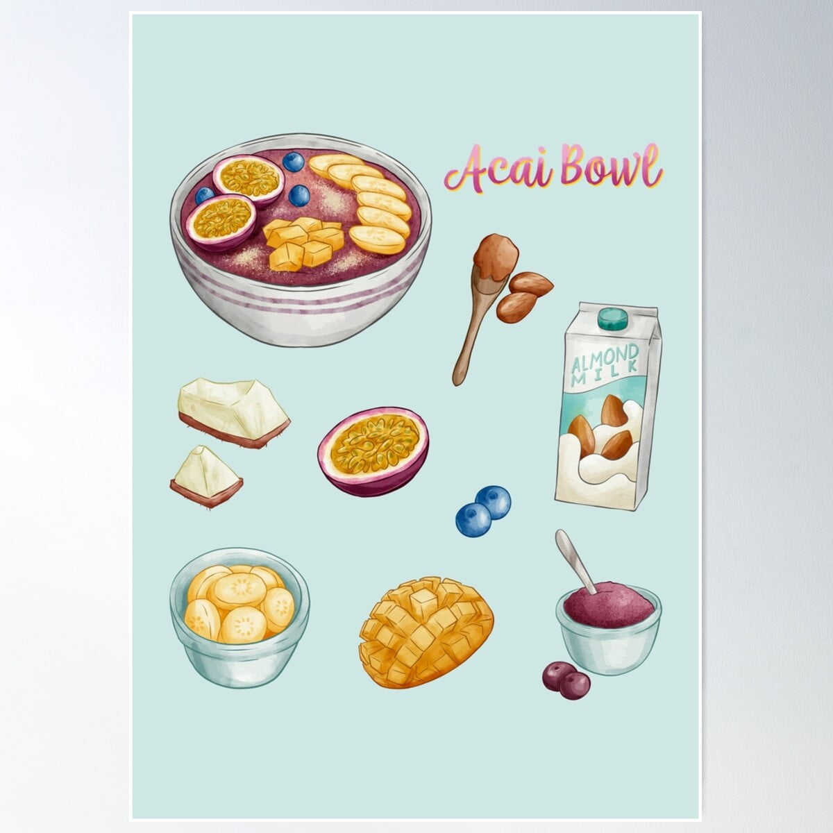 Acai Fruit Smoothie Bowl Recipe Poster Wall Art, Modern Wall Decor For ...