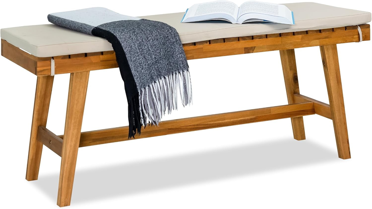 Acaia Wood Upholstered Bench, 43" End of Bed Benches with Cushion ...